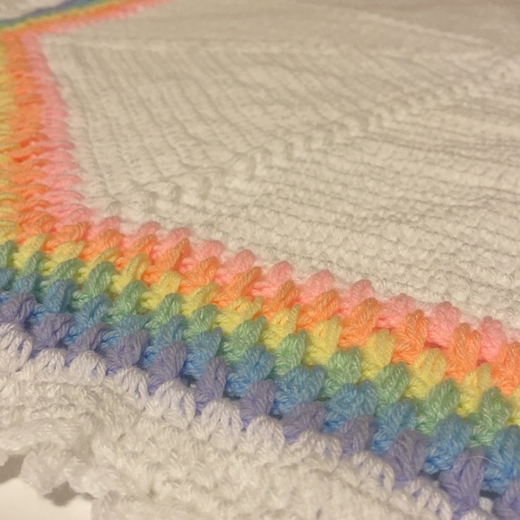 Bedding | Handmade Crocheted Octagon Baby Afghan White W Rainbow Border ...